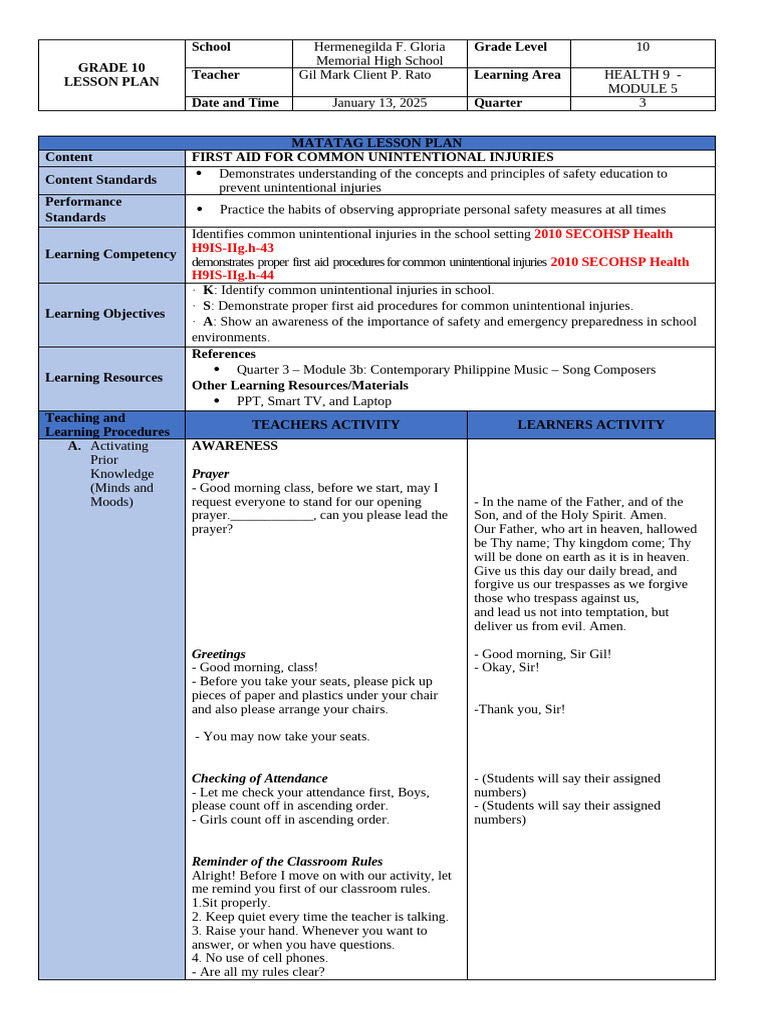 FIRST AID FOR COMMON UNINTENTIONAL INJURIES LP- GRADE 9 HEALTH | PDF ...