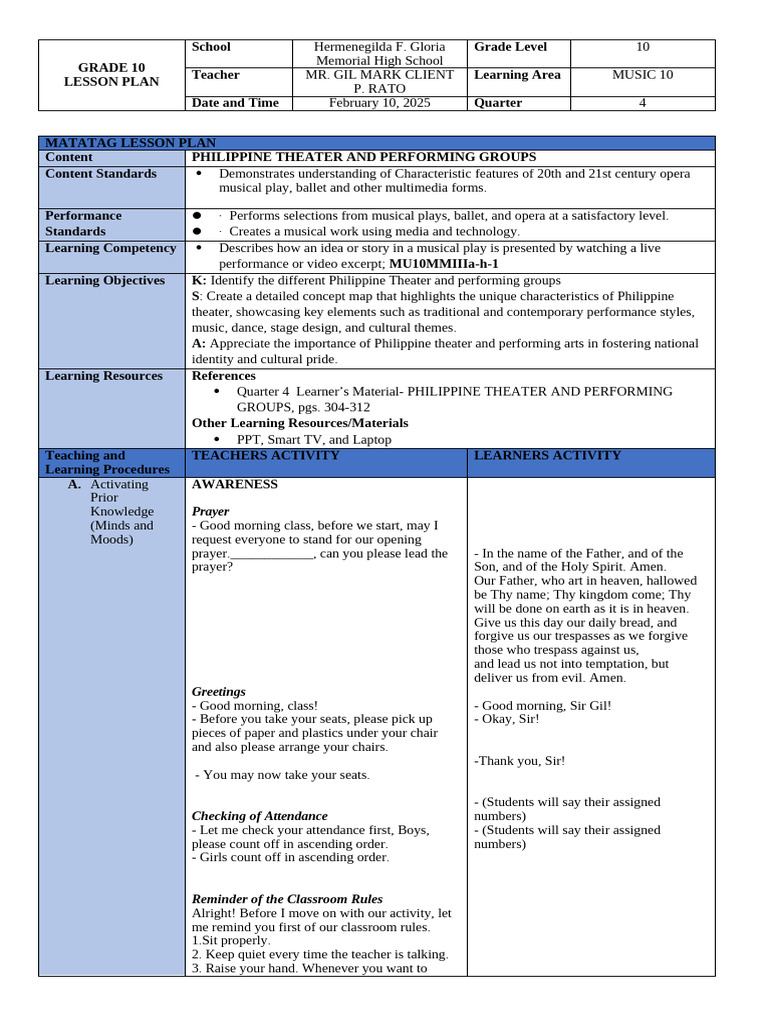 Mapeh 10 - Quarter 4 - Lesson 1 - Week 1 | PDF | Play (Theatre) | Lord ...