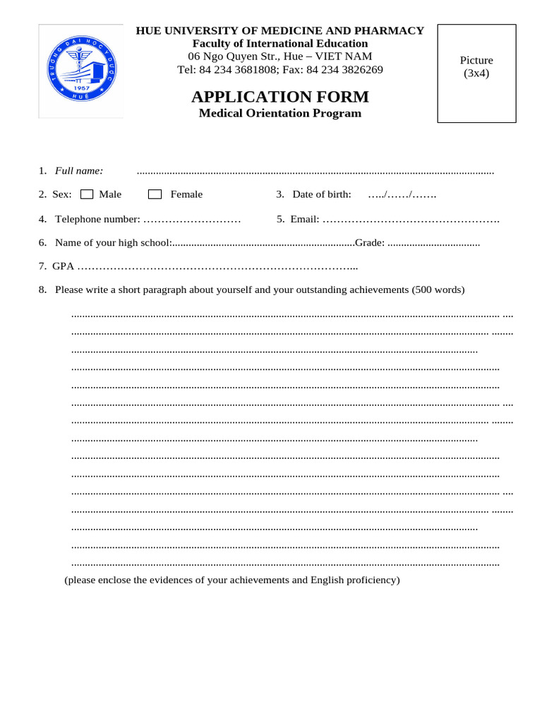 Application Form Hue UMP Medical Orientation Program | PDF