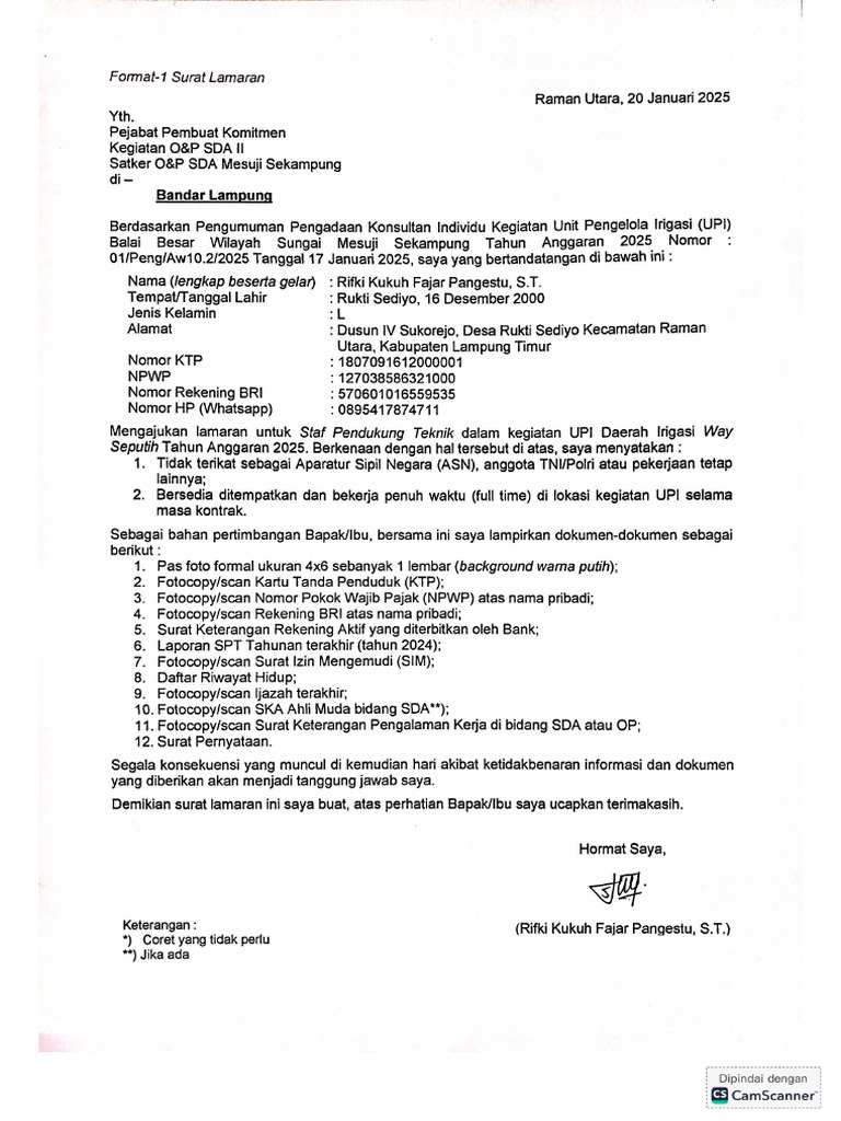 Surat Lamaran Rifki Kukuh Fajar Pange | PDF