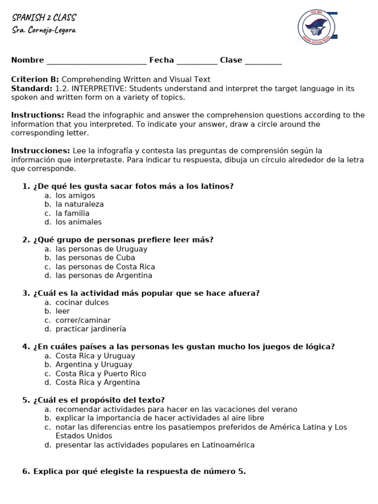 Spanish 2 Q1C1 Interpretive Reading | PDF