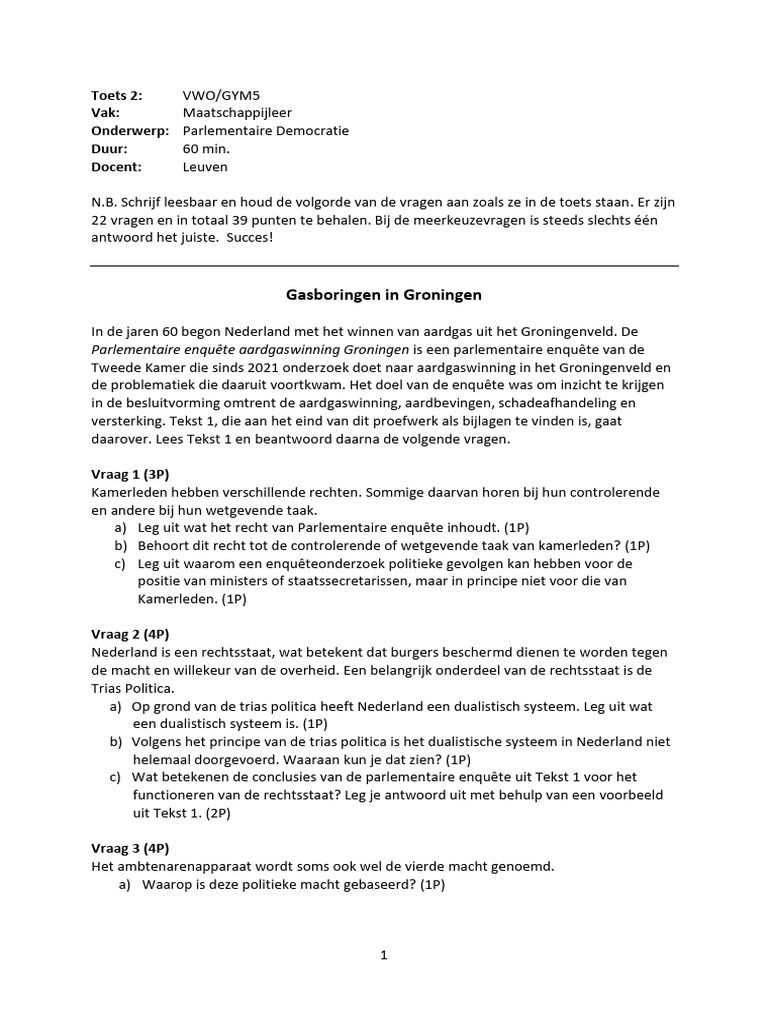 Oefentoets MGP2 Parlementaire Democratie Versie 2023 | PDF