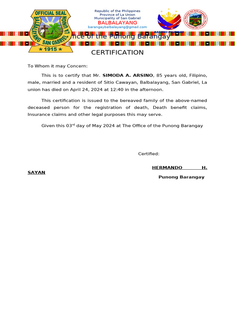 Barangay Death Certificate | PDF