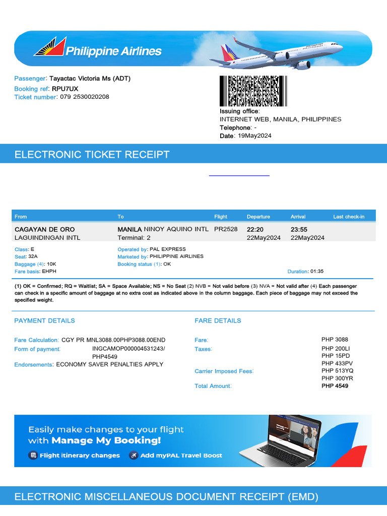 Electronic Ticket Receipt 22MAY for VICTORIA TAYACTAC | PDF