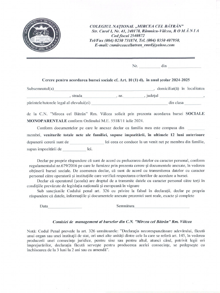 Cerere Bursa Sociala Monoparentala | PDF