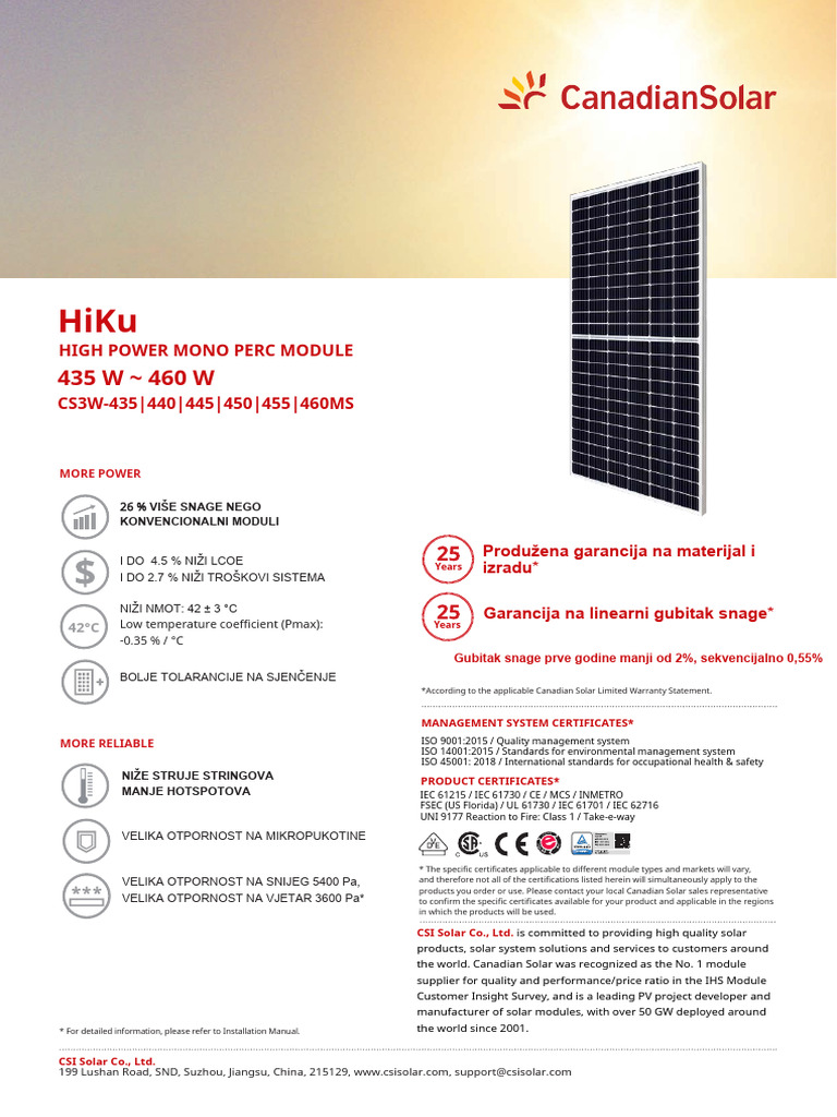 0 Tehnički List Canadian Solar Modul 460W Preveden | PDF | Solar Panel ...