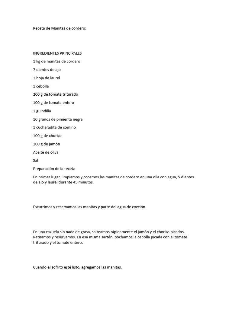 Receta de Manitas de Cordero | PDF