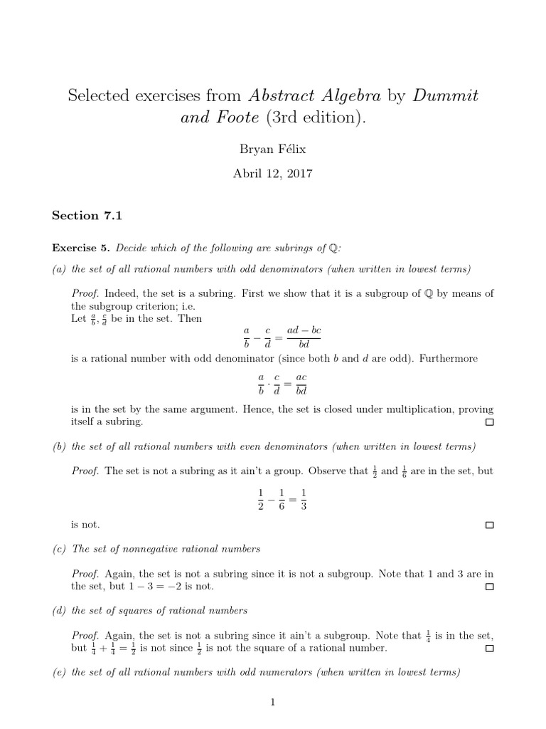 Subring Exercises from Dummit & Foote | PDF | Ring (Mathematics ...