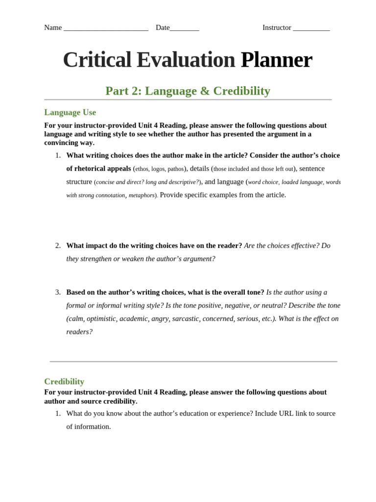 Critical Evaluation Planner Part 2 Language & Credibility | PDF | Argument | Essays