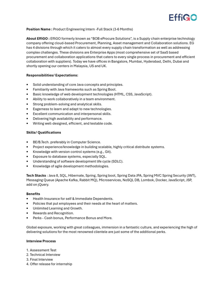 JD - Product Engineering Intern - Full Stack - EffiGO | PDF