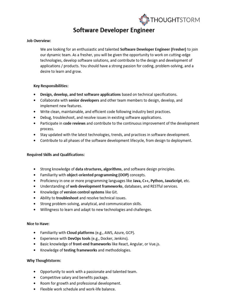 Software Developer Engineer Fresher JD | PDF | Computer Programming | Software Development
