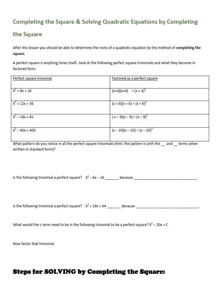 Completing The Square Notes | PDF