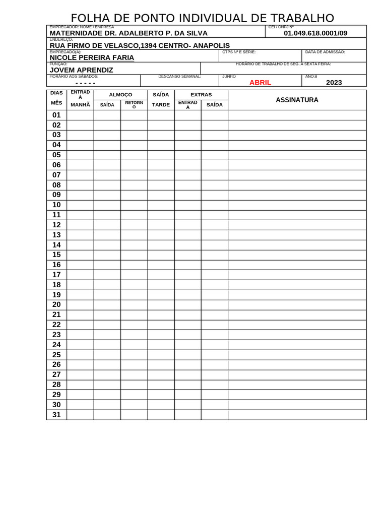 Folha de Ponto Individual de Trabalho | PDF