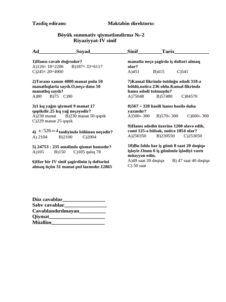 BSQ _-2 Riyaziyyat IV Sinif | PDF