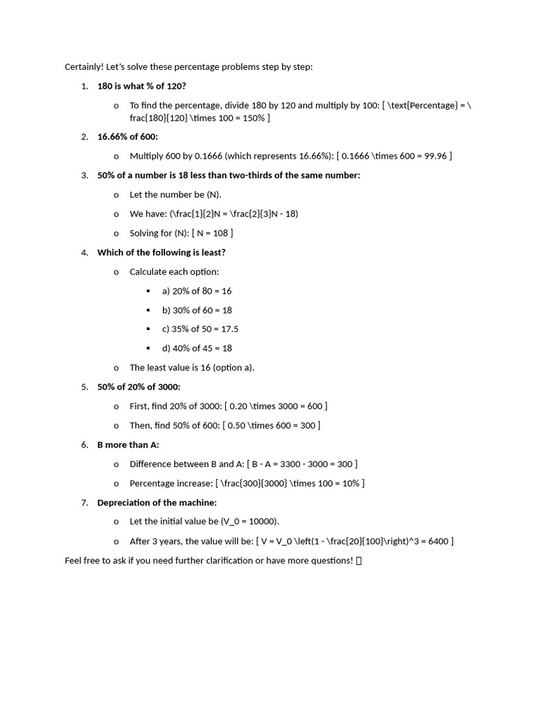 Percentage Problem Solutions Guide | PDF