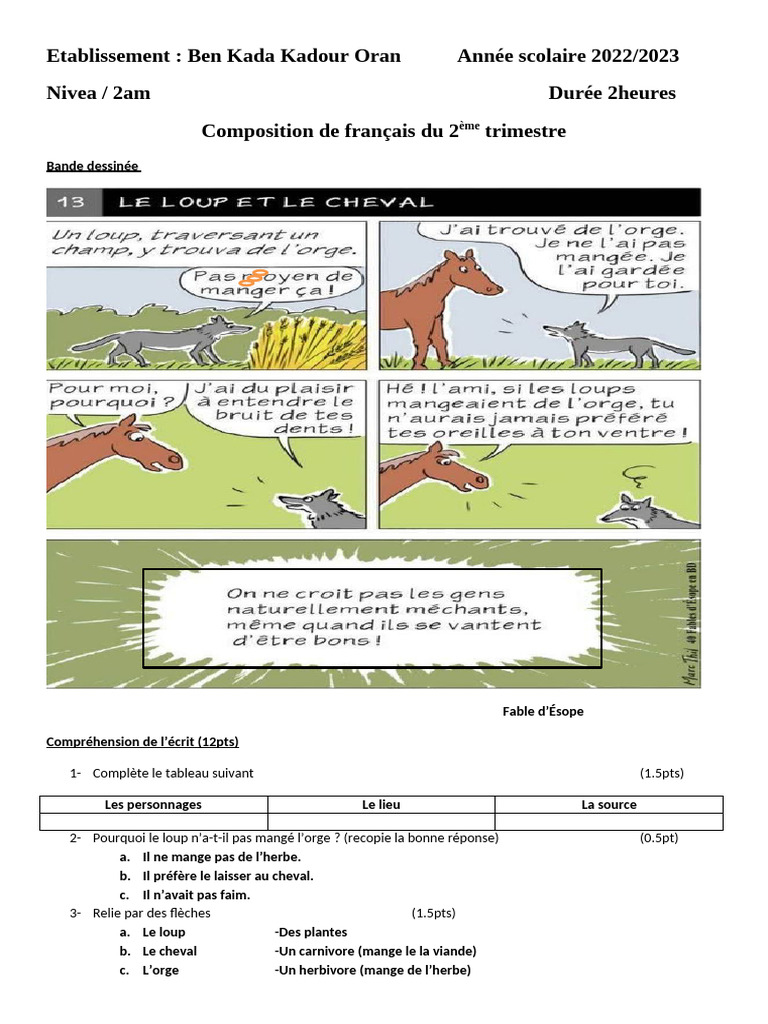 Composition de français 2ème trimestre | PDF | Fable