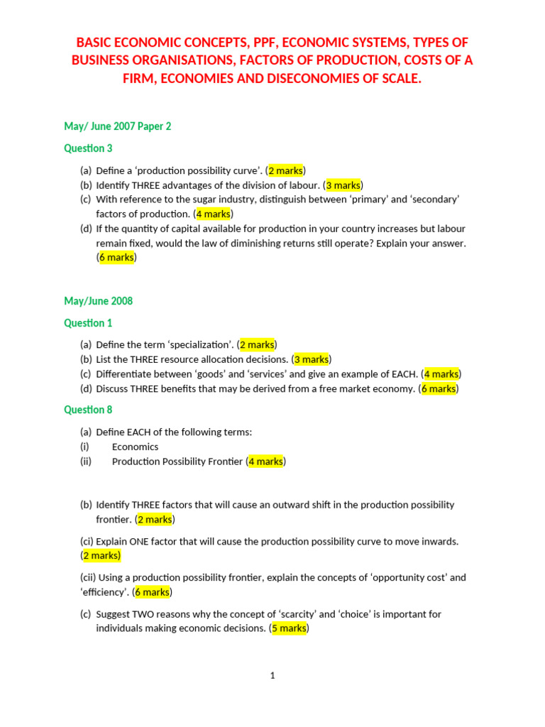 Economic Concepts Worksheet Overview | PDF | Economies | Production And ...