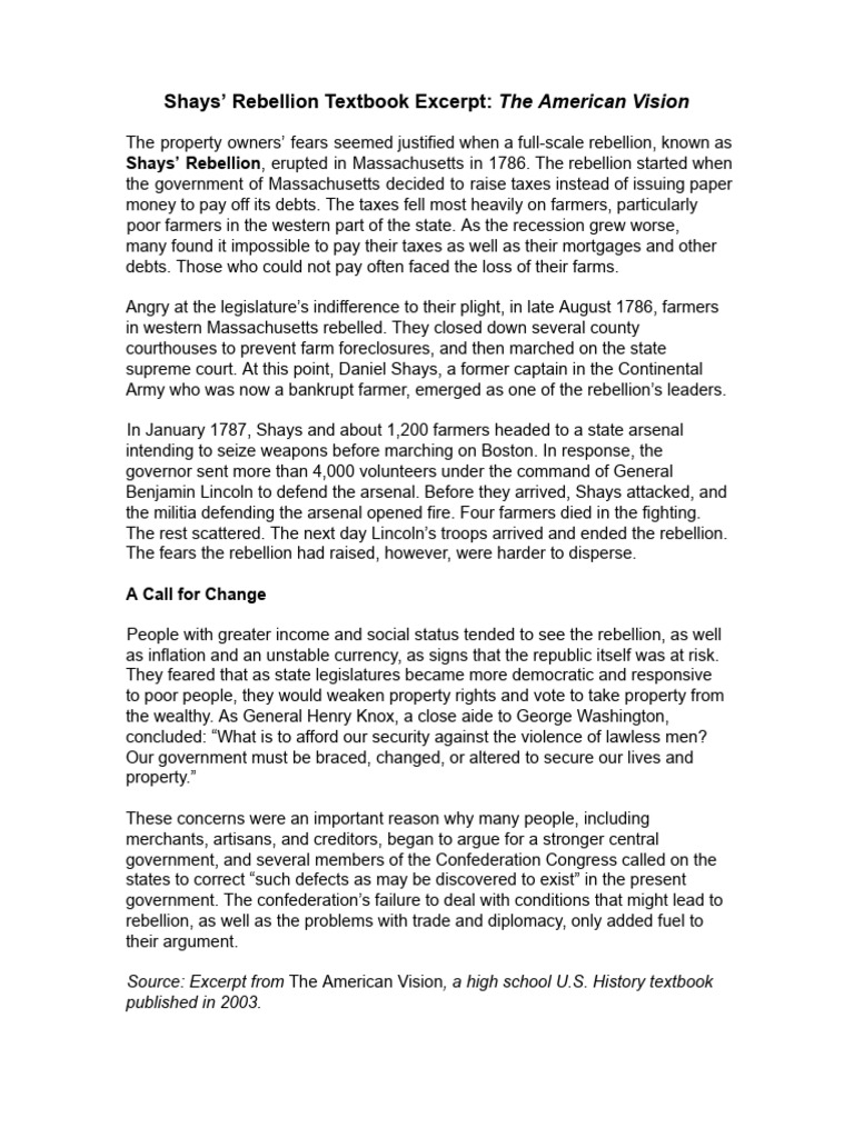 Shays Rebellion Student Materials | PDF | The United States | Politics ...