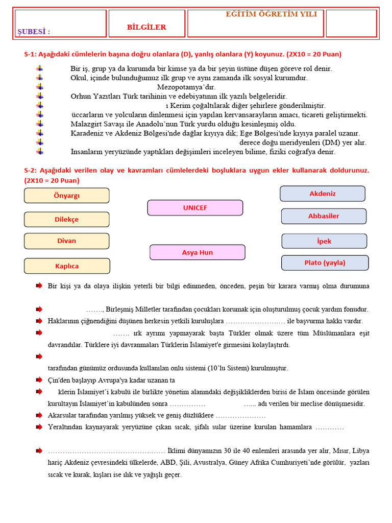6.sinif Sosyal Bilgiler 1. Donem 2. Yazili Sinav Sorulari Ve Cevaplari | PDF