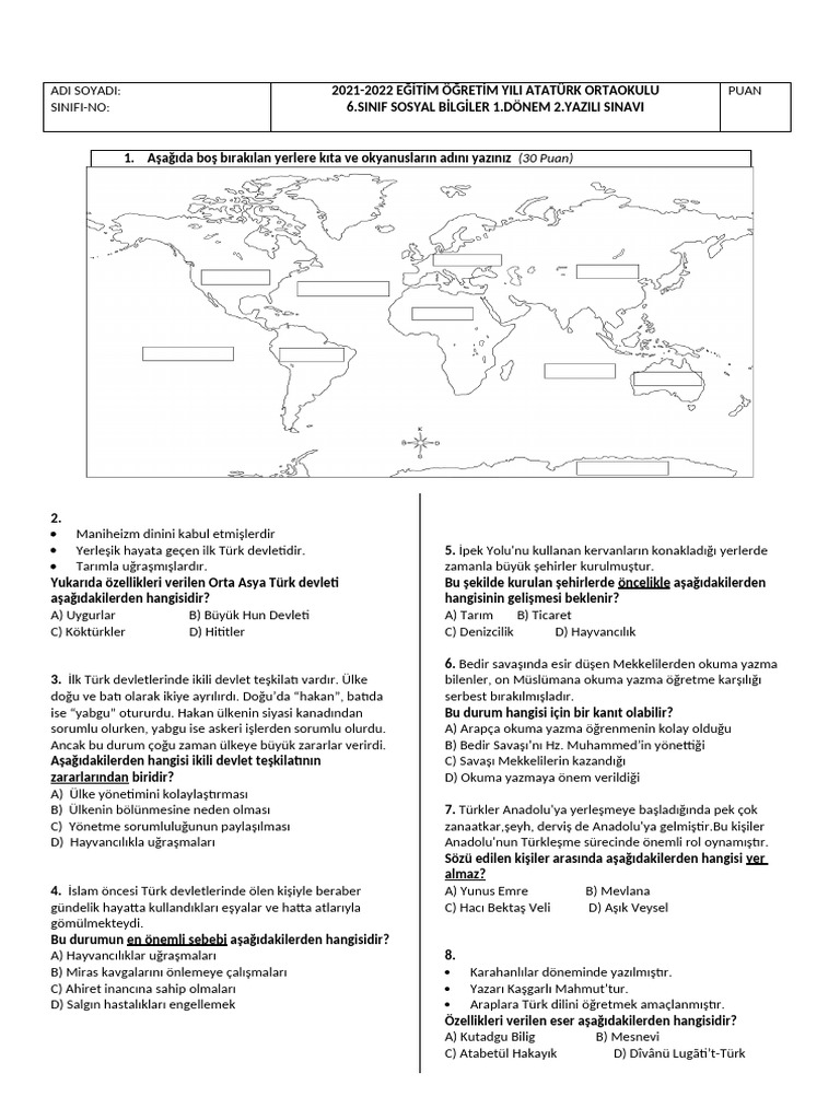 6.sinif Sosyal 1.donem 2.yazili Sinavi | PDF