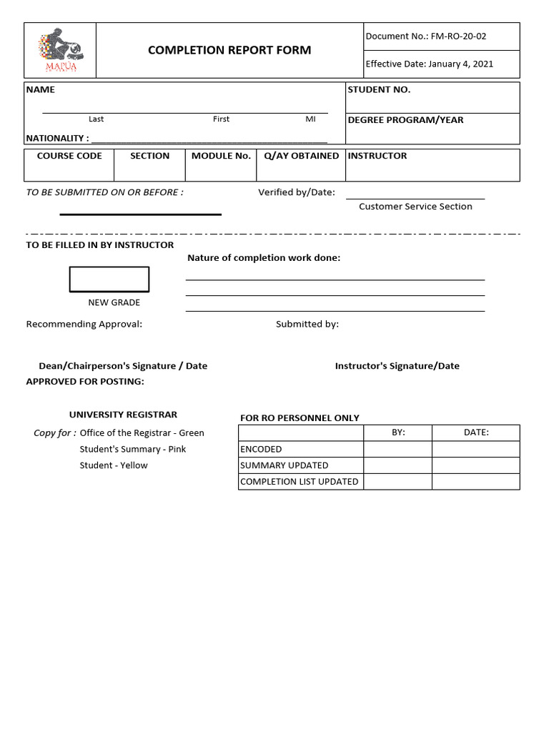 Completion Report Form Template | PDF