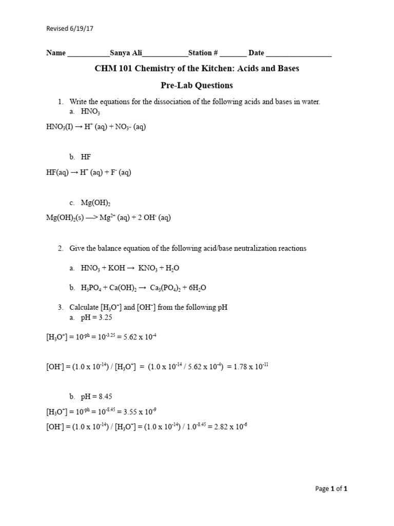 Pre-Lab - CHM 101 Kitchen Acids and Bases | PDF