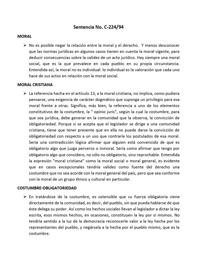 Resumen de la Sentencia C-224/94 | PDF | Moralidad | Constitución