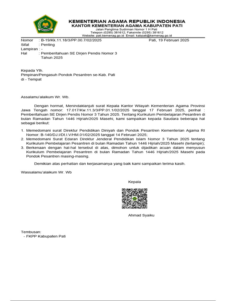 20250221103339-Panduan Kurikulum Ponpes-Ramadhan - SE Dirjen Pendis Nomor 3 Tahun 2025 | PDF