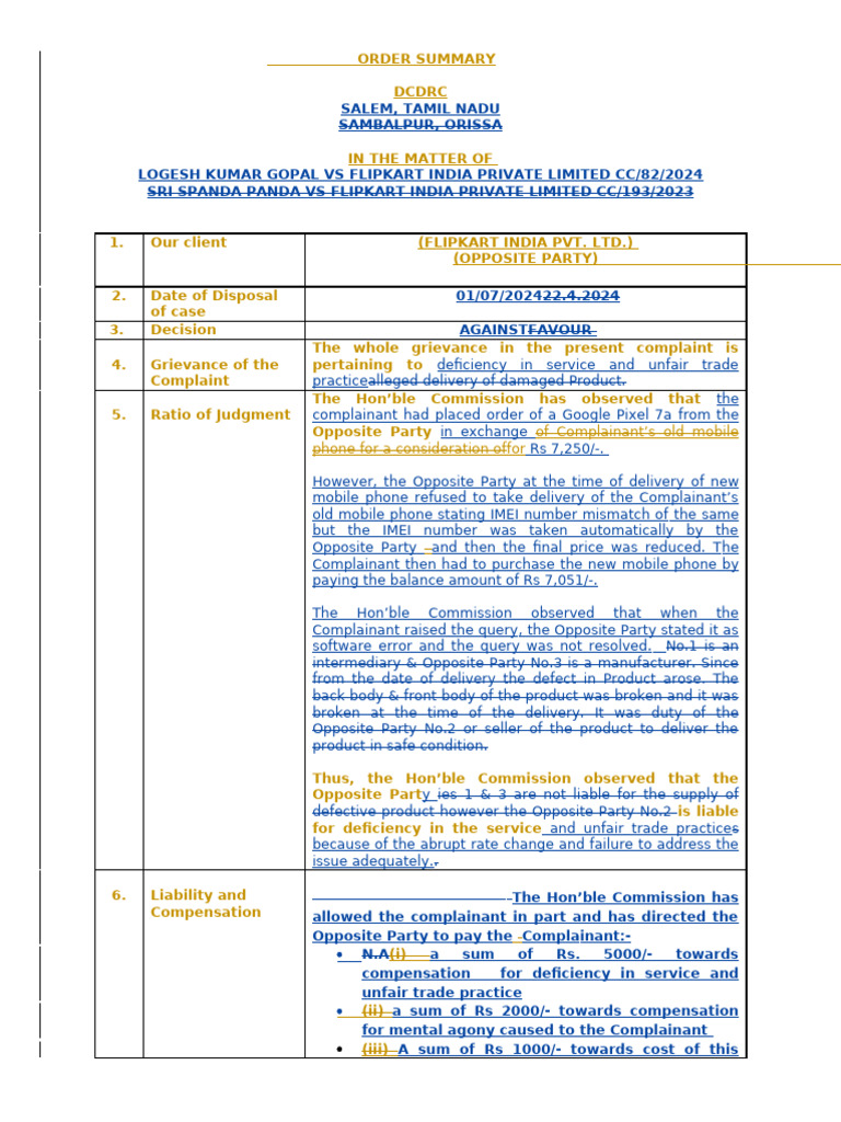 Flipkart Service Deficiency Case Summary | PDF