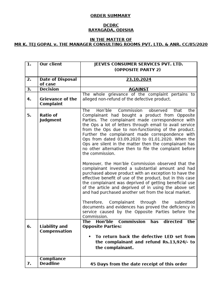 Order Summary - K Tej Vs Jeeves Consumer Services | PDF | Complaint | Common Law