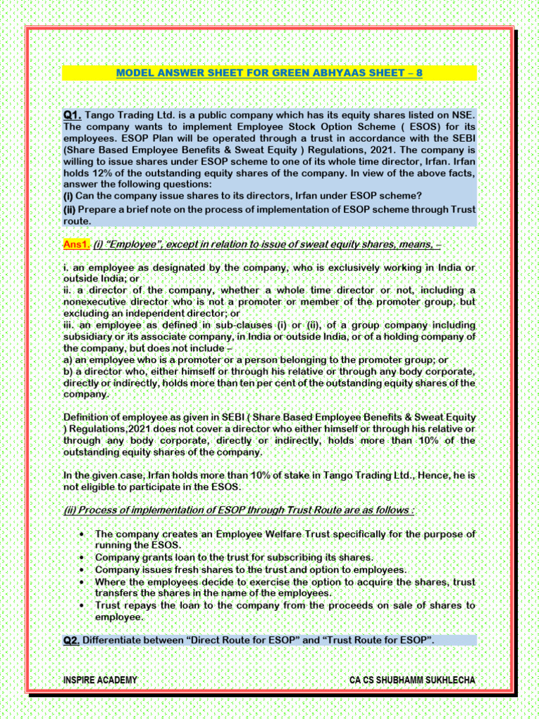 Model Answer Sheet for Green Abhyaas Sheet - 8 | PDF | Option (Finance) | Stocks