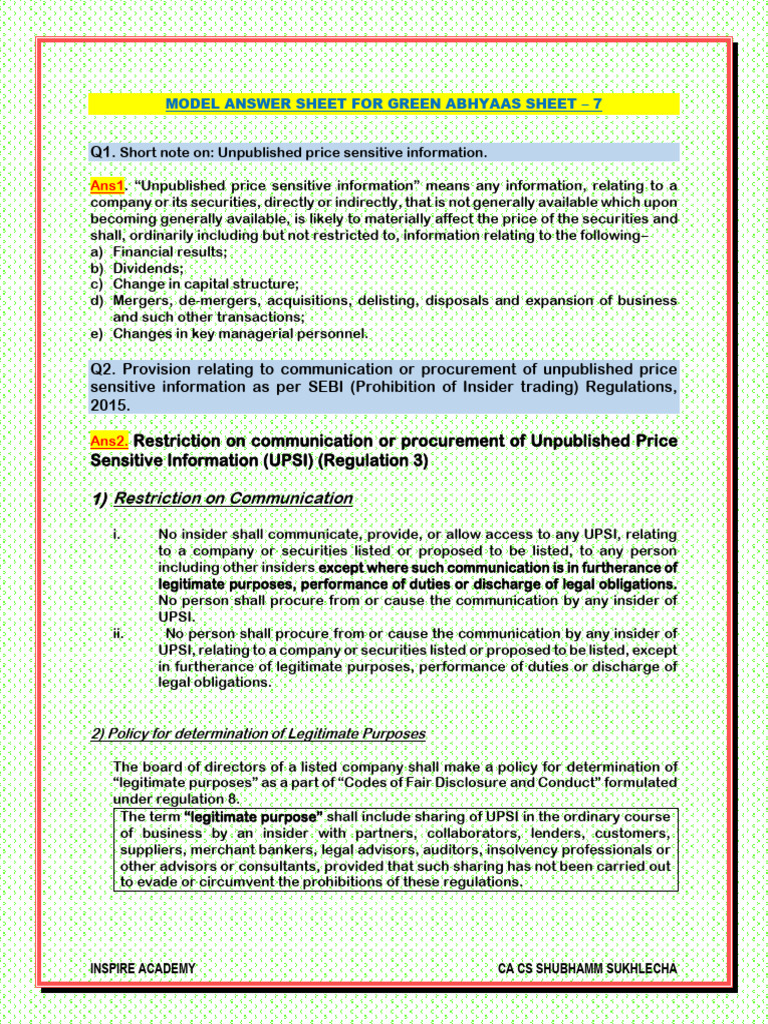 Model Answer Sheet For Green Abhyaas Sheet - 7 | PDF | Business | Private Law