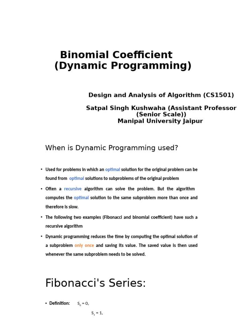 29-30 Top down fibonacci's & Binomial Coefficient (1) | PDF | Dynamic Programming | Recursion