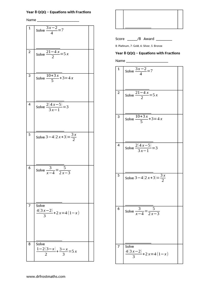 Year 8 Fraction Equations Practice | PDF