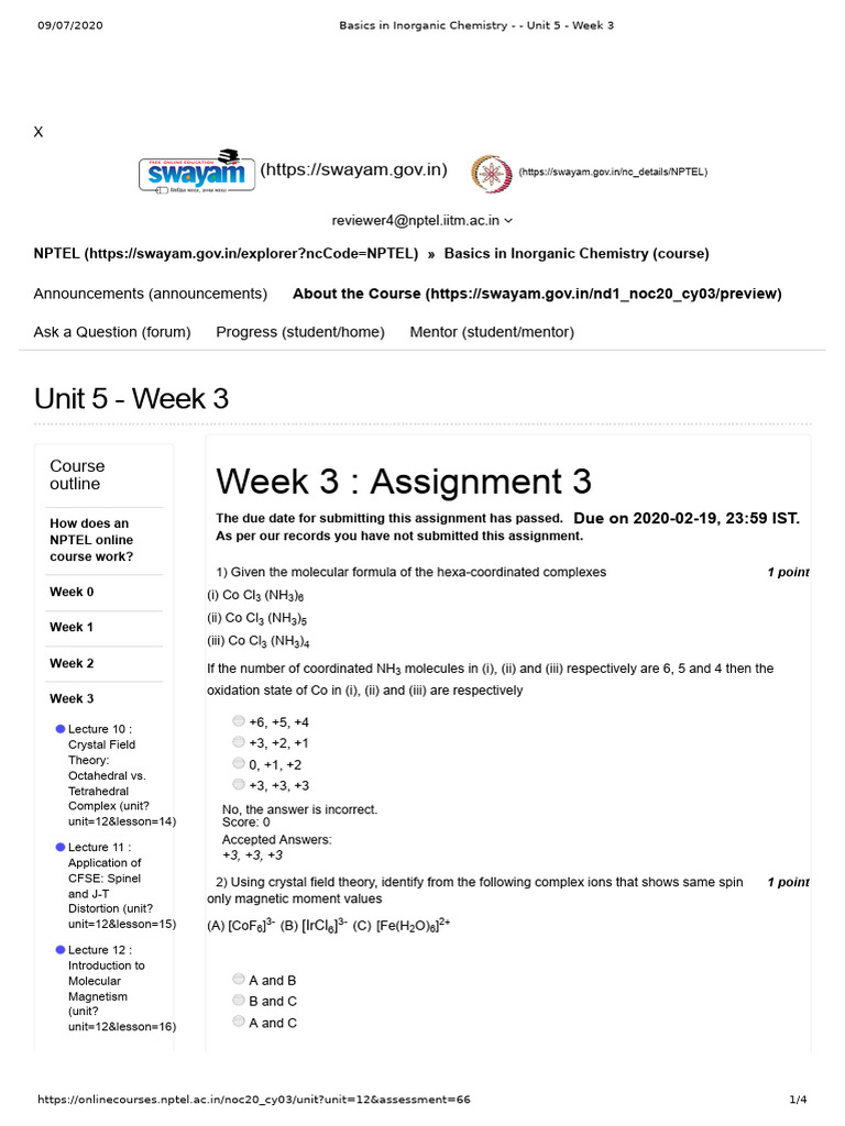 Noc20-Cy03 Week 03 Assignment 01 | PDF | Coordination Complex | Physical Chemistry