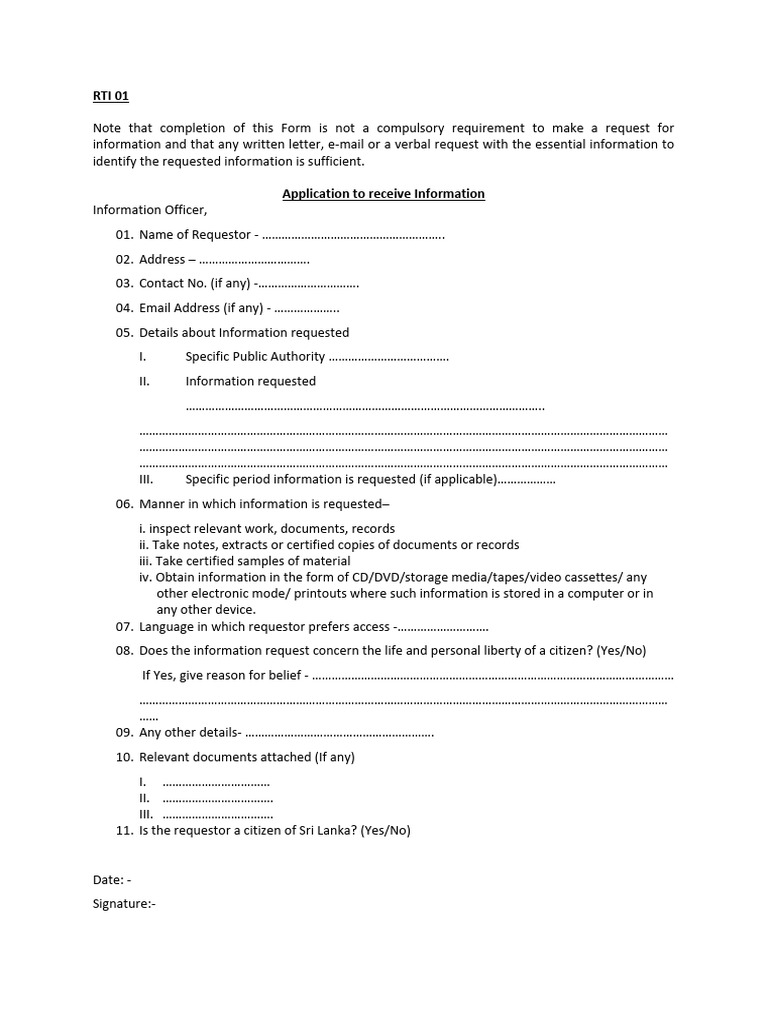 RTI Information Request Form Template | PDF