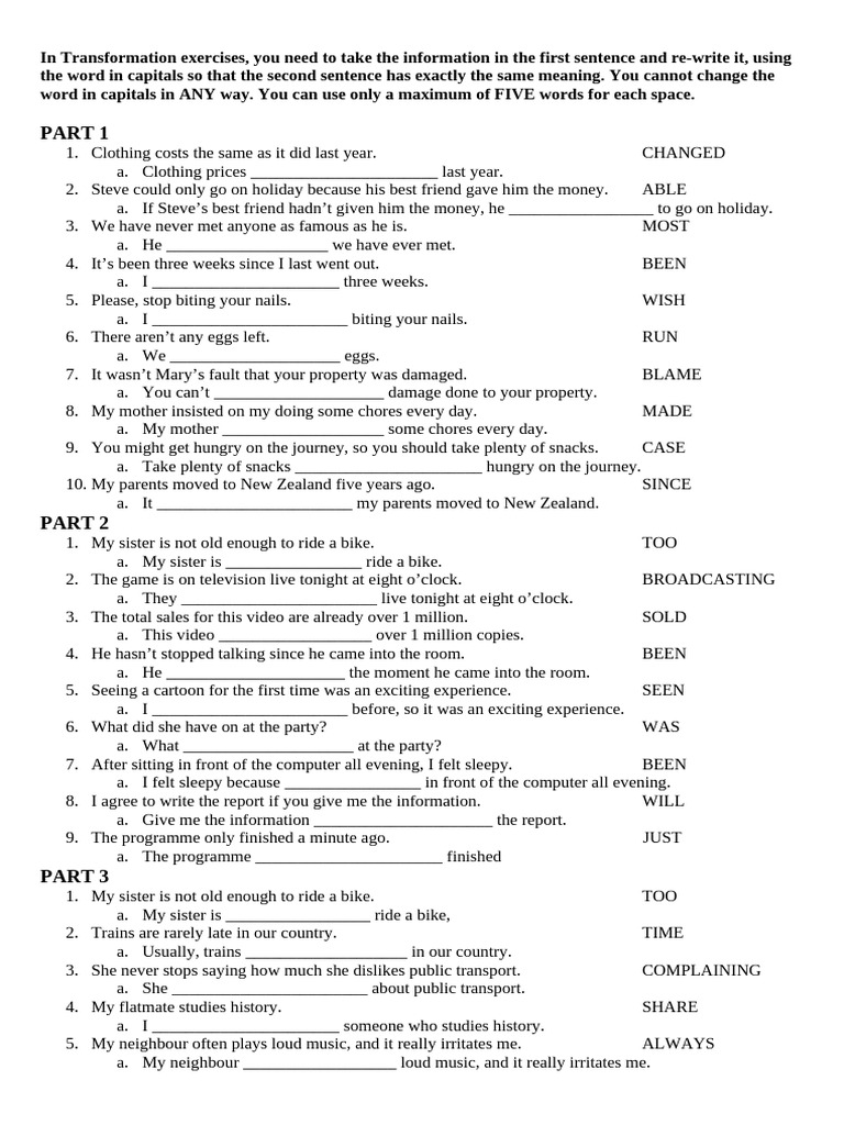 B1-Only-Transformation-Exercises-ak | PDF