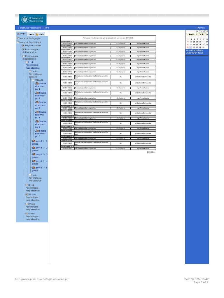 Plan Zajęć - Harmonogram Zajęć, Rok 2024-2025, Semestr Letni | PDF