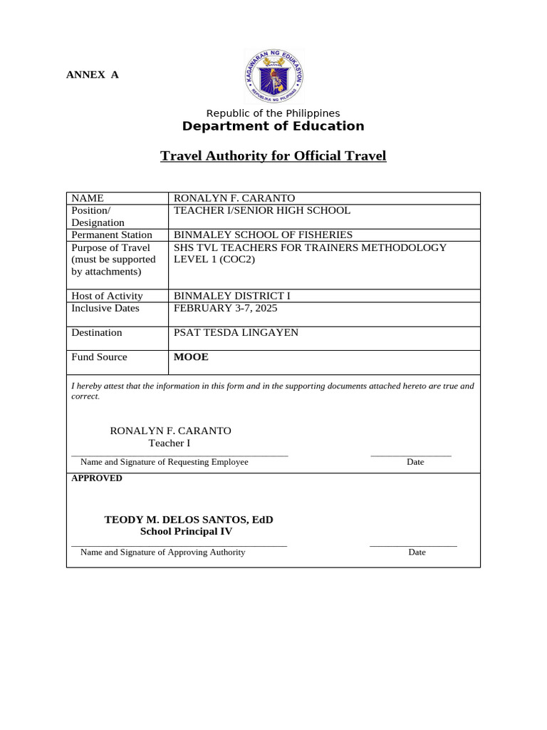 Authority To Travel Locator Slip Itinerary New Format | PDF | Government
