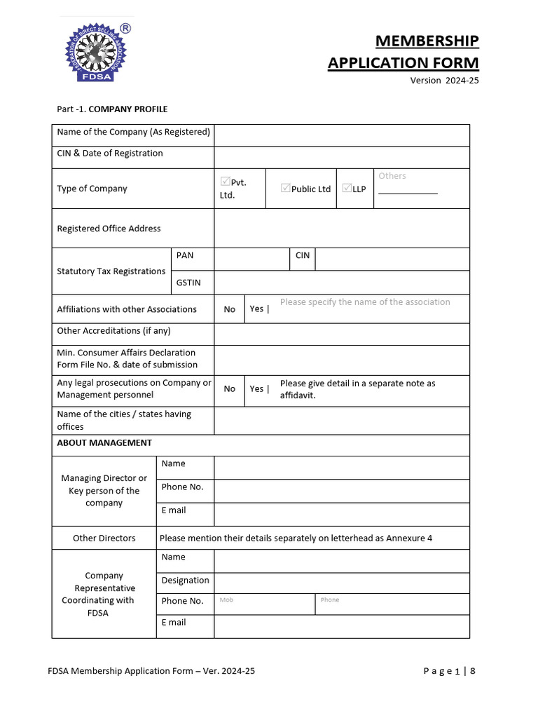 FDSA Membership Application 2024-25 | PDF