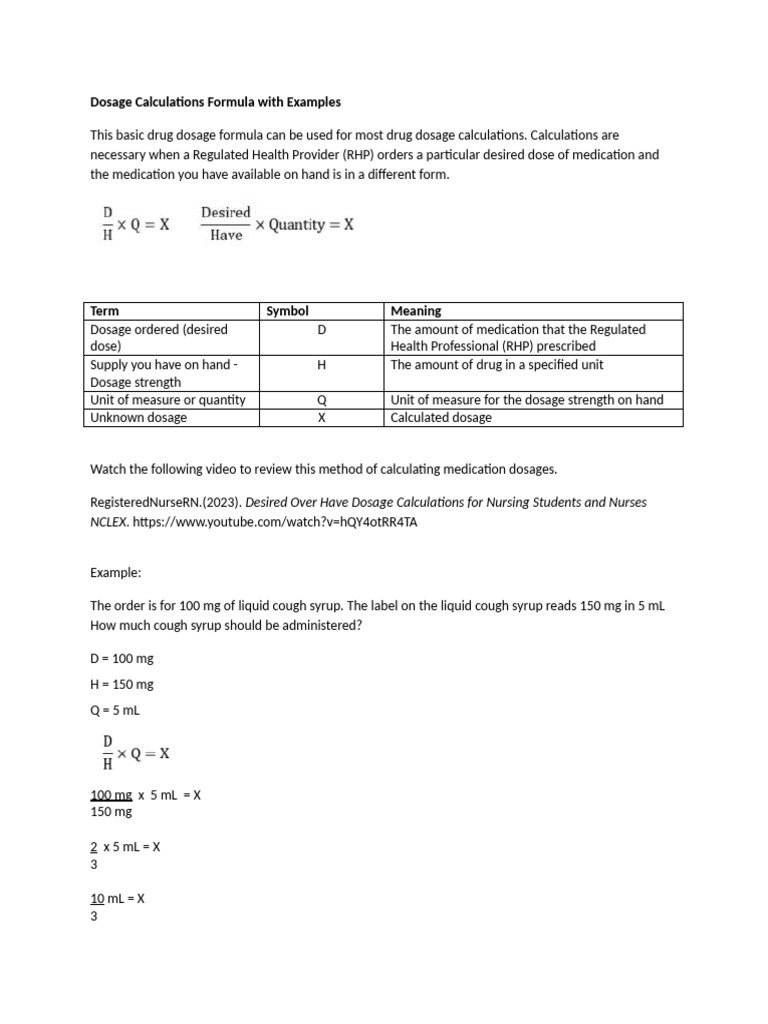 Dosage Calculations Formula With Examples | PDF