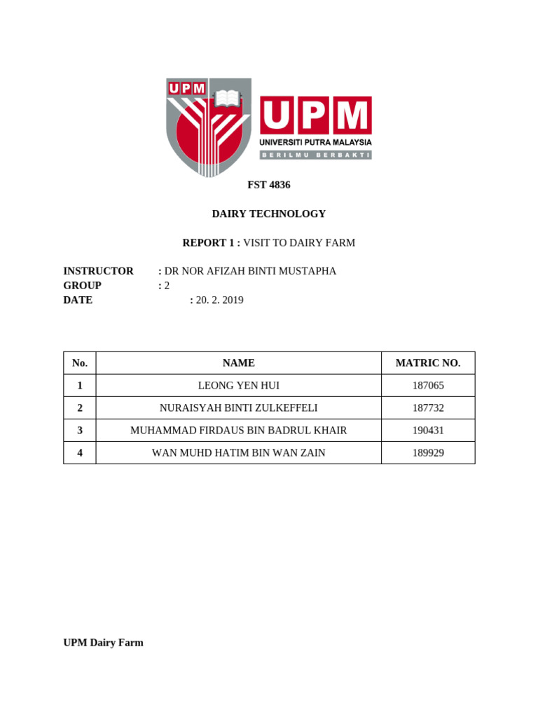 UPM Dairy Farm Visit Report | PDF | Cattle | Milk