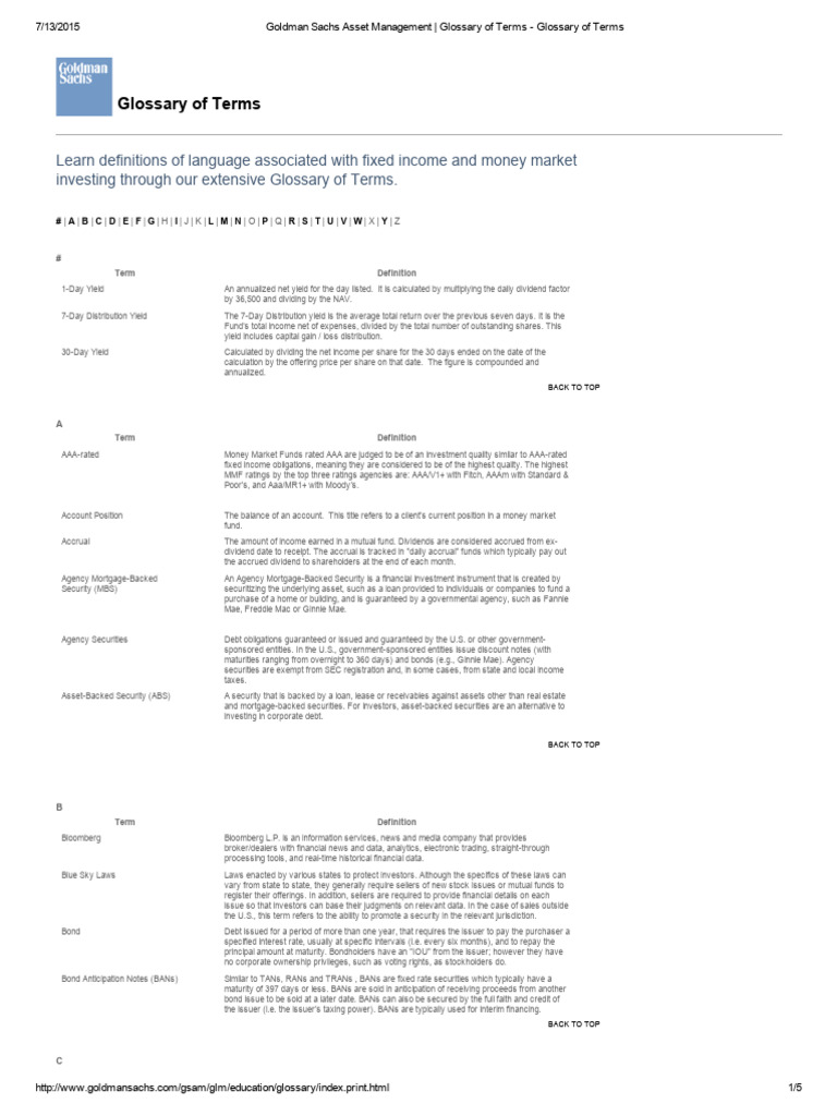 Goldman Sachs Asset Management - Glossary of Terms - Glossary of Terms ...