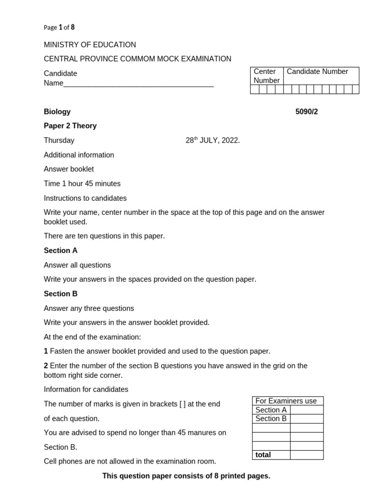BIOLOGY 5090 2 QUESTION PAPER | PDF | Endocrine System | Hormone