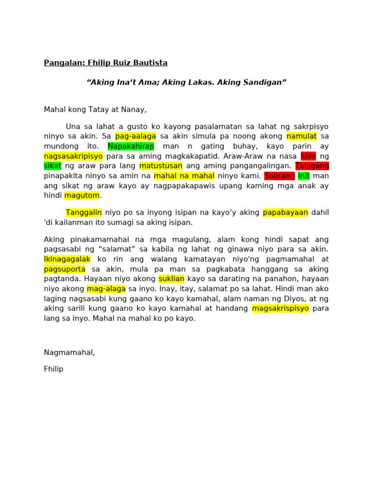 Aking Ina't Ama Aking Lakas. Aking Sandigan FHILIP R BAUTISTA | PDF