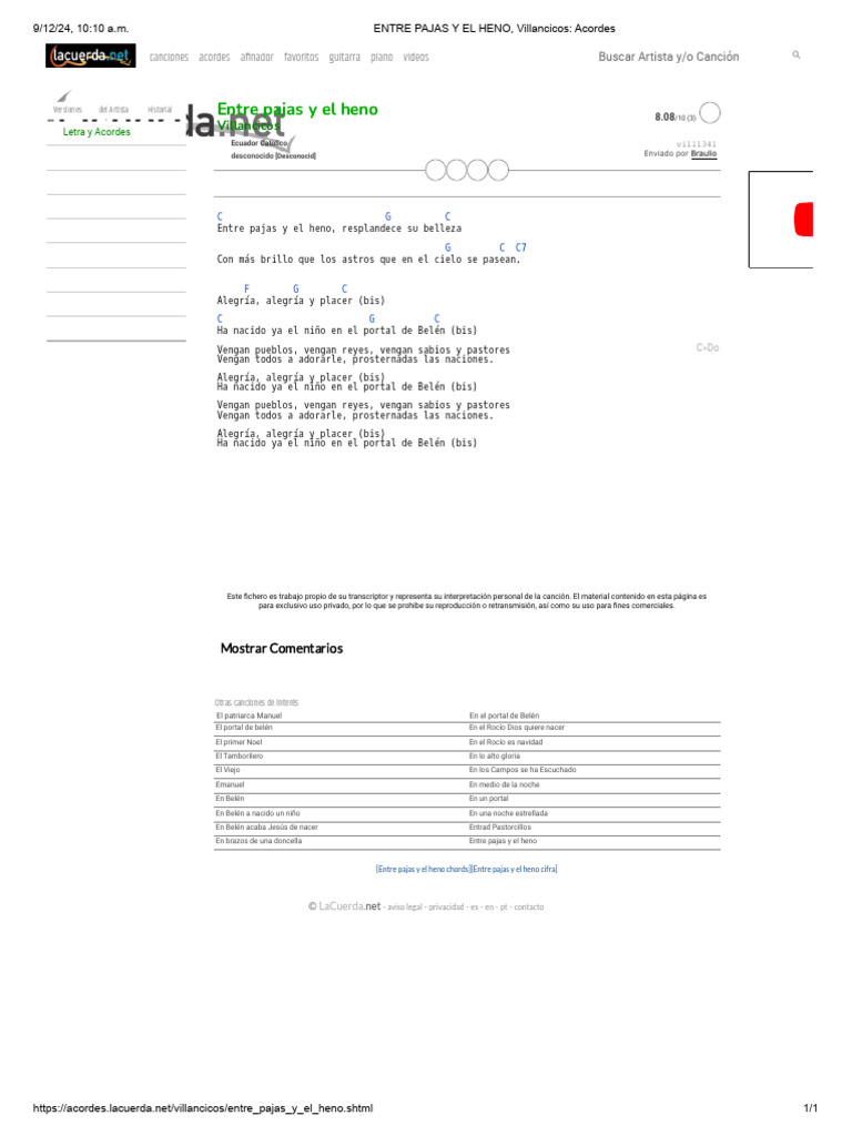 ENTRE PAJAS Y EL HENO, Villancicos - Acordes | PDF