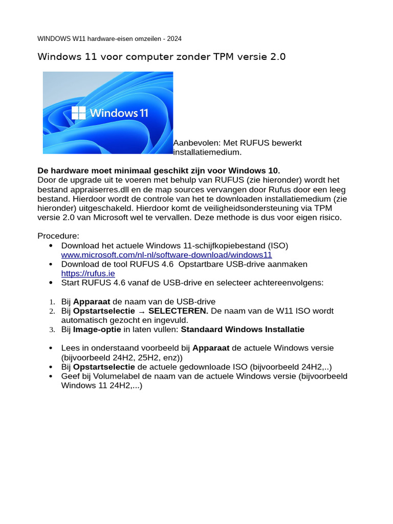 WINDOWS W11 HARDWARE-EISEN TPM Versie 2.0 OMZEILEN | PDF