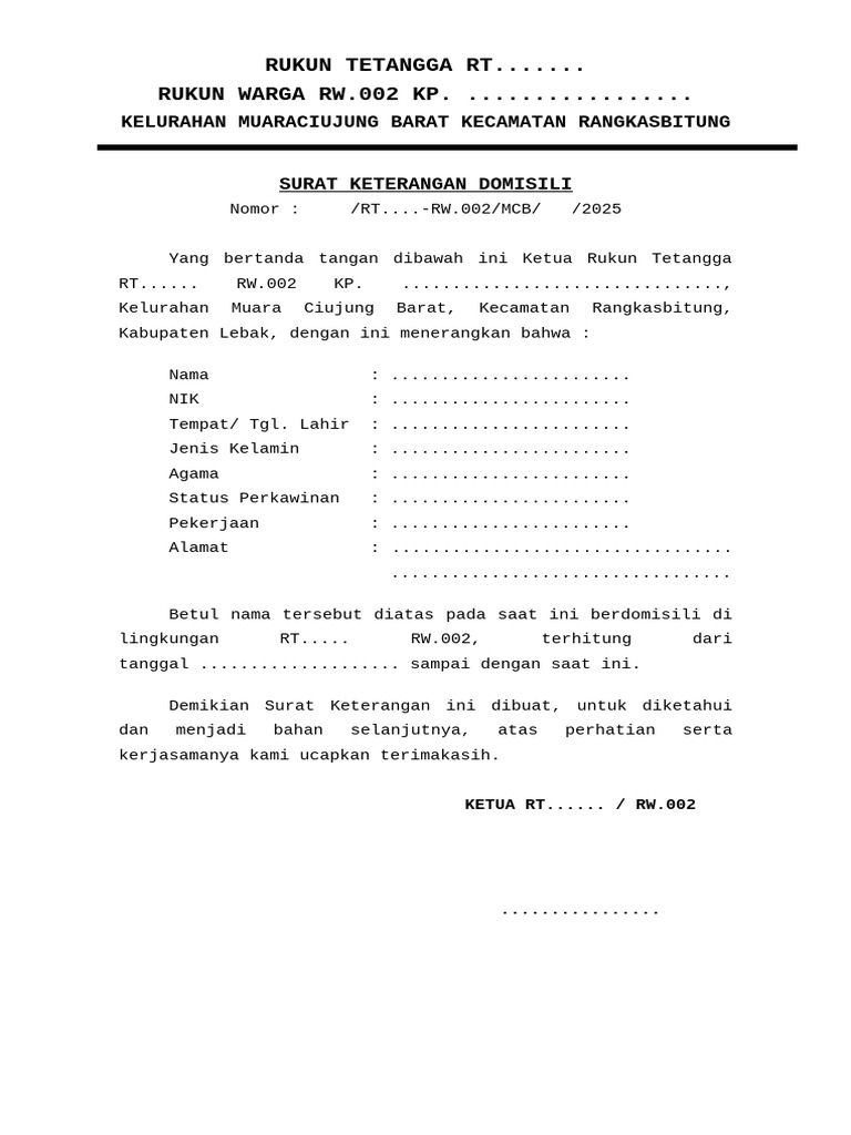 Surat Keterangan Domisili RT 2025 | PDF