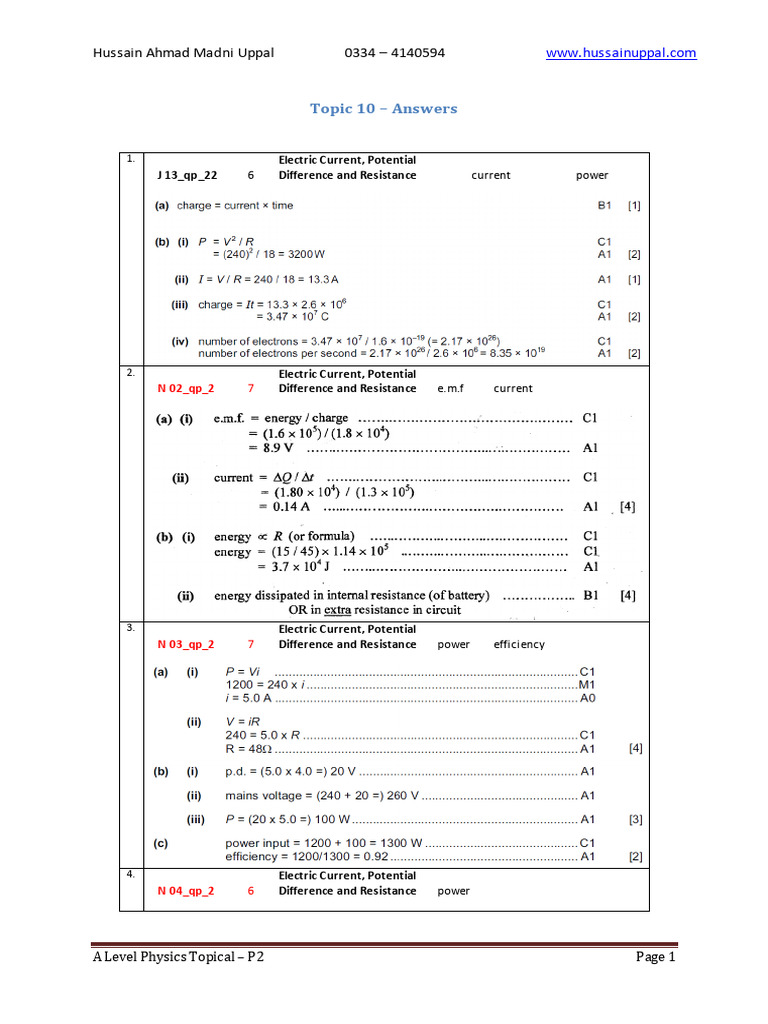 A Level Physics Topic 10 Answers | PDF