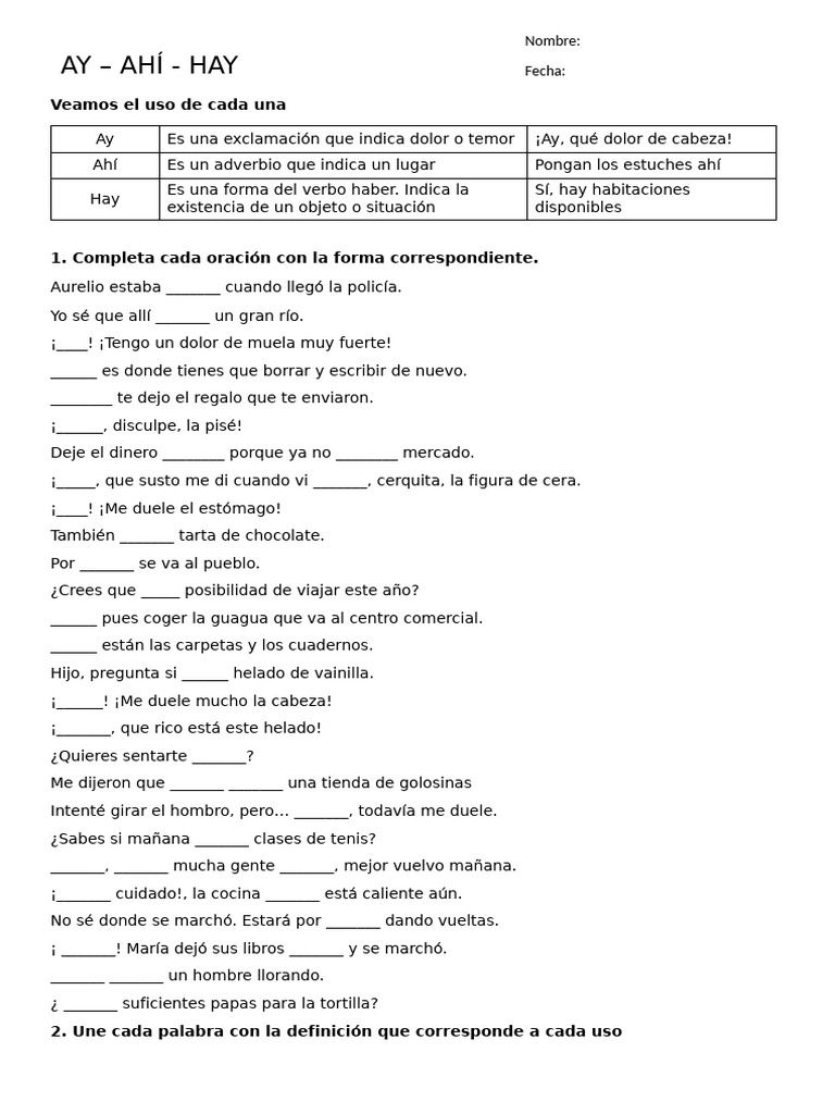 Uso de "hay", "ahí" y "ay" | PDF